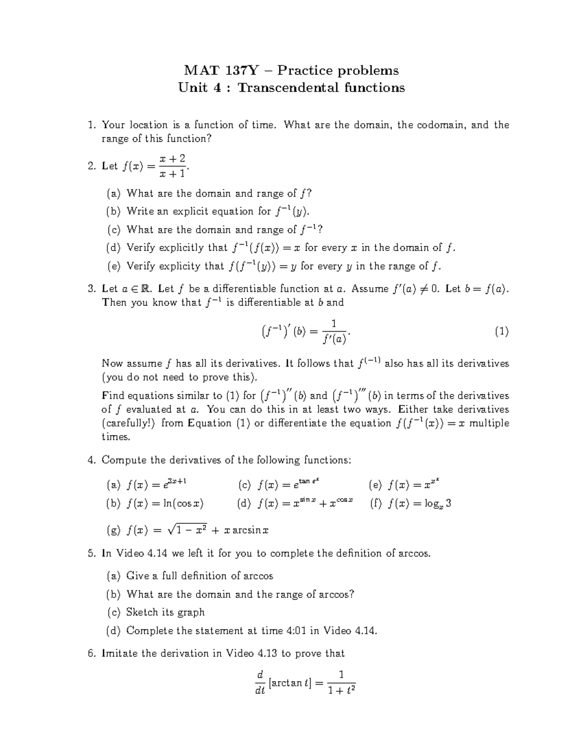 137 PP 04 - practice question - MAT 137Y – Practice problems Unit 4 ...