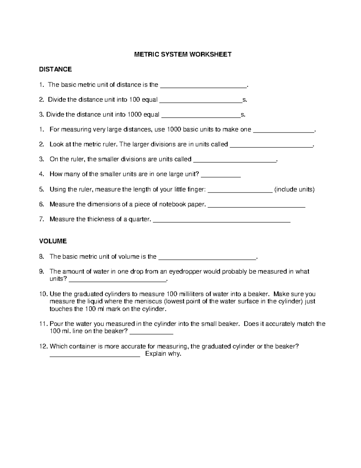 Metric System Worksheet - METRIC SYSTEM WORKSHEET DISTANCE The basic ...