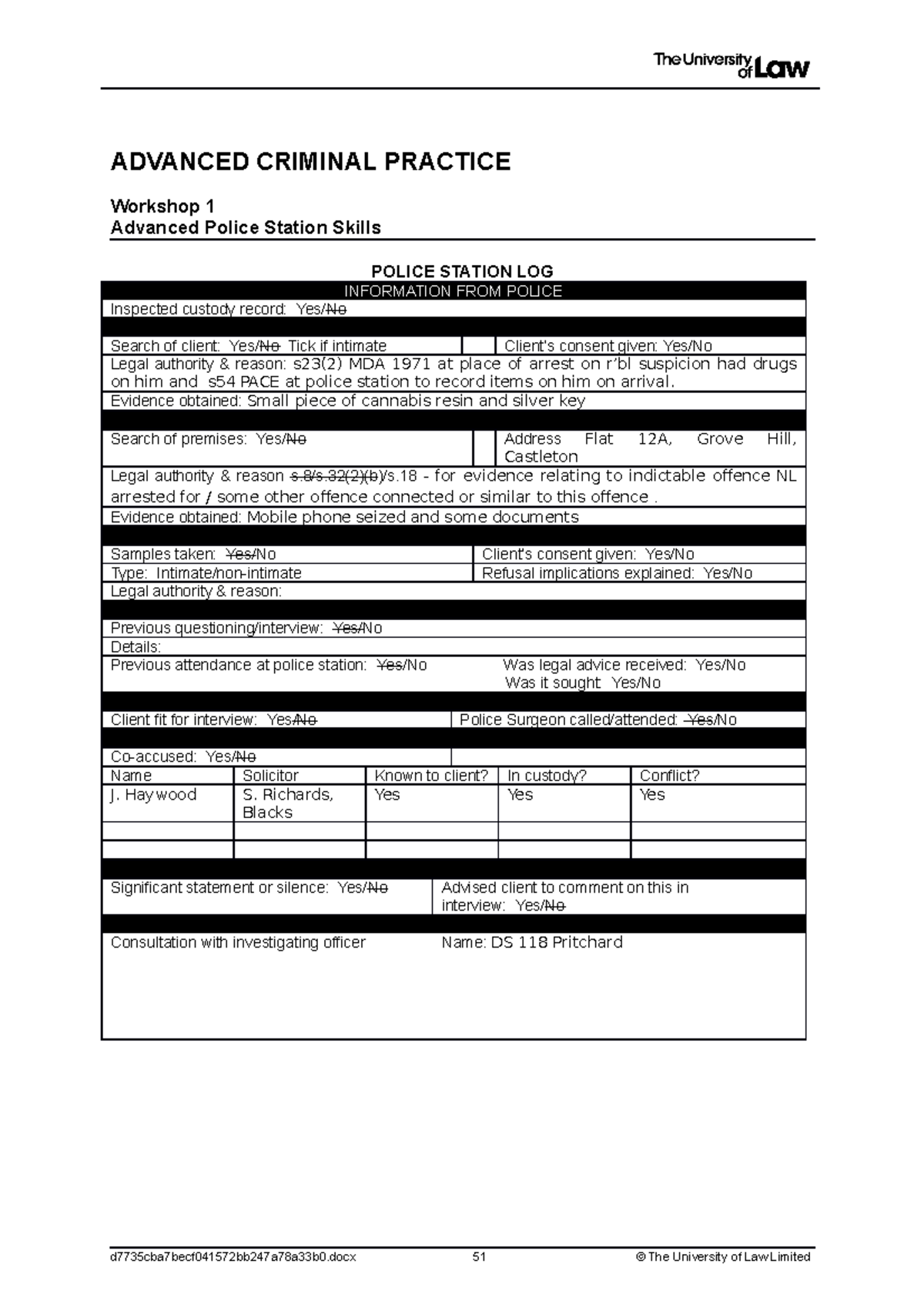 Log case narrative - ADVANCED CRIMINAL PRACTICE Workshop 1 Advanced ...
