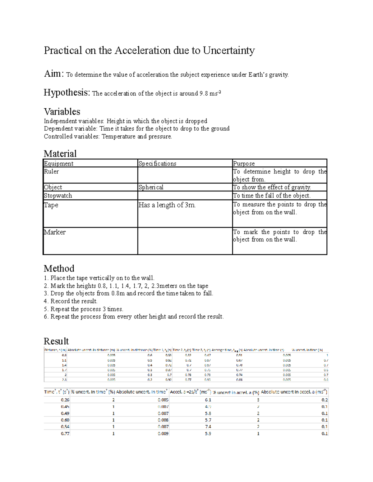 Physics - The data collected from the practical shows the object ...