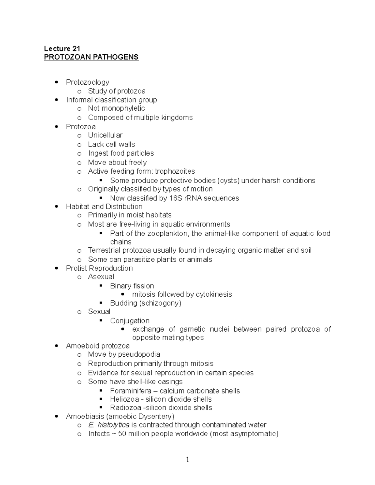 Lecture 21 handout - Matthew Jennings - Lecture 21 PROTOZOAN PATHOGENS ...