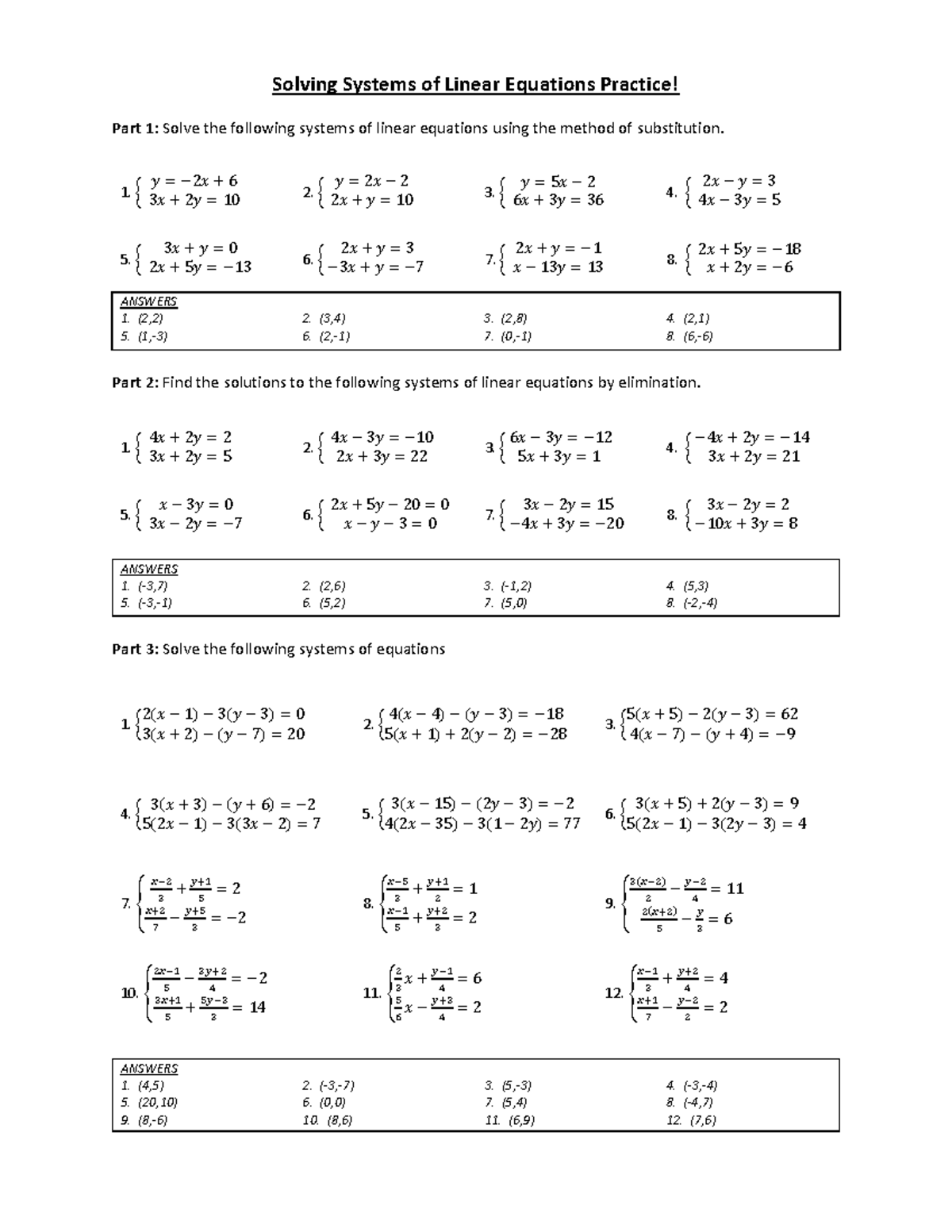 Unit 1 Lesson 6 Solving Systems Of Linear Equations Practice Part 1