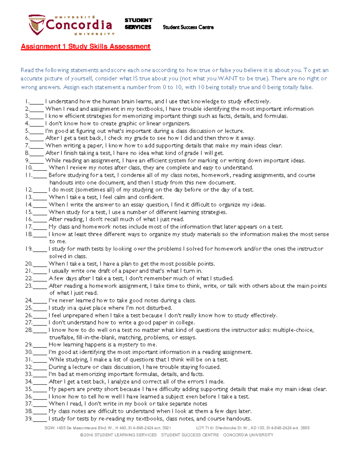 1 Assignment.Study Skills Assessment - SGW: 1455 De Maisonneuve Blvd. W ...