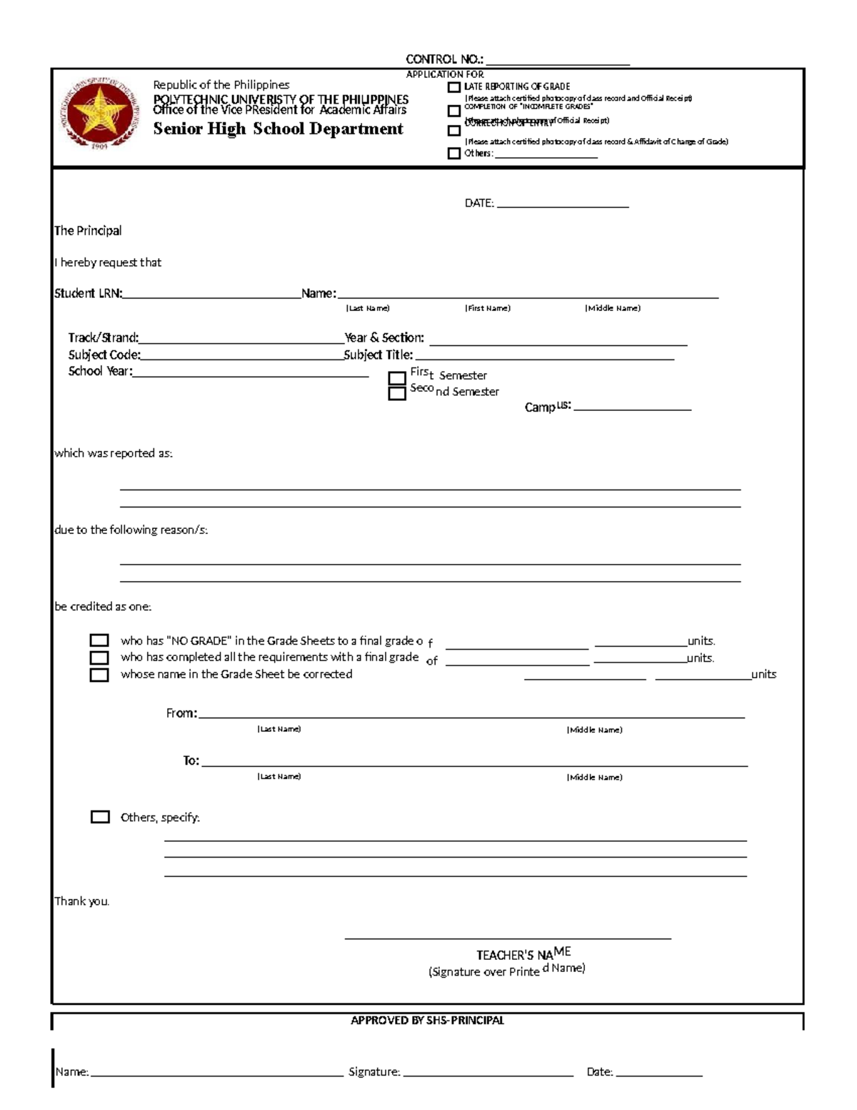 SHS Completion Form - APPROVED BY SHS-PRINCIPAL CONTROL NO ...