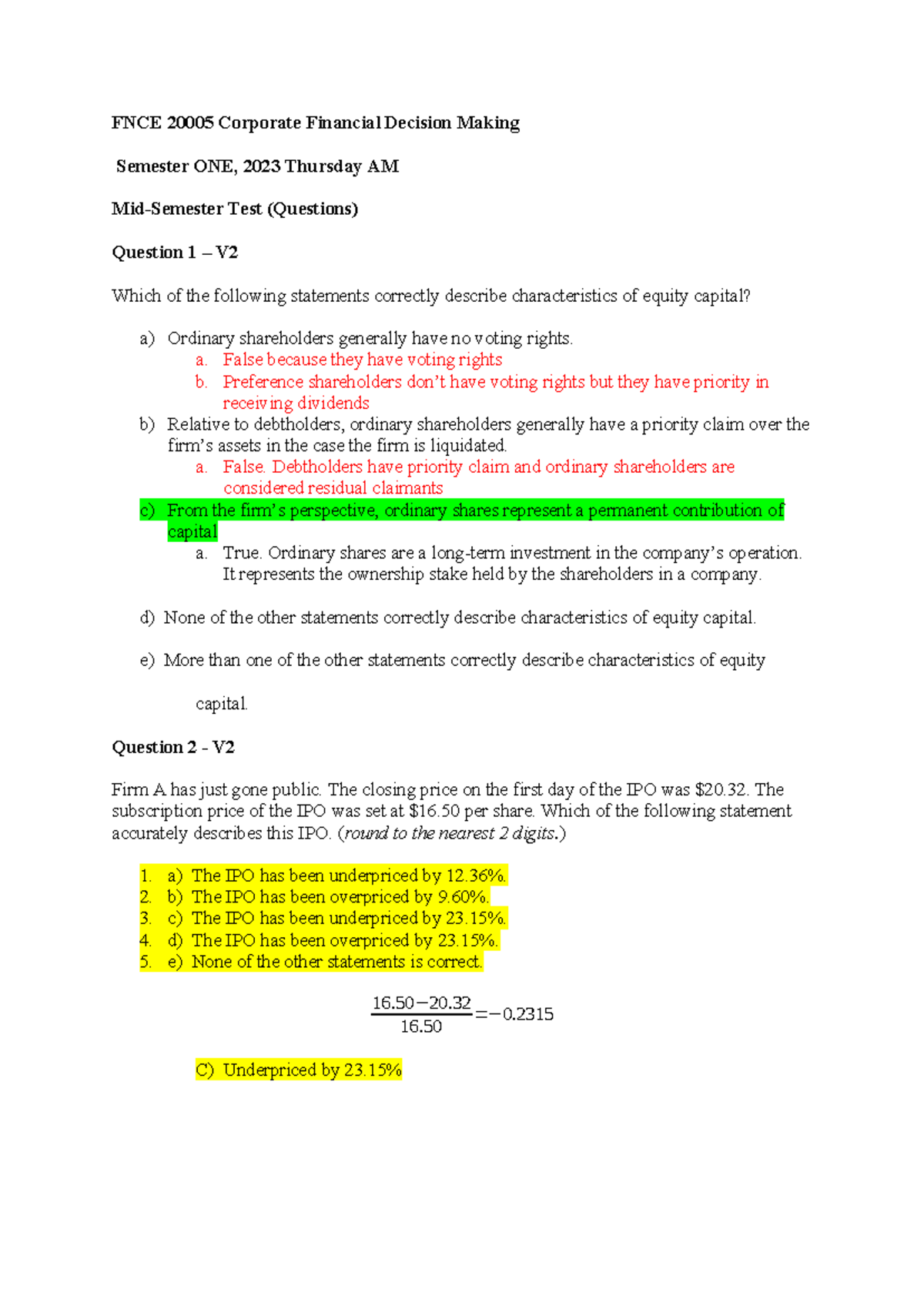 CFDM Mid Sem Test Thursday's Question - FNCE 20005 Corporate Financial ...