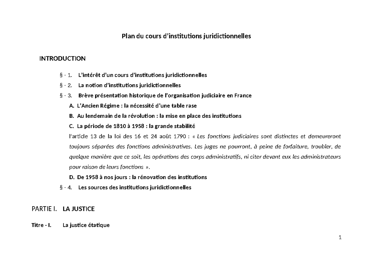 Plan cours institutions juridictionnelles avec Ã©l Ã©ments de cours 2023 - Plan du cours - Studocu