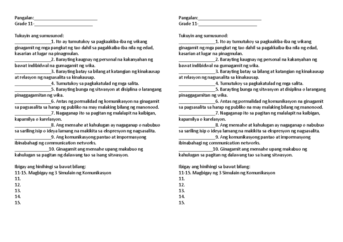 Week 3- quiz - SHORT QUIZ - Pangalan:__________________________ Grade ...