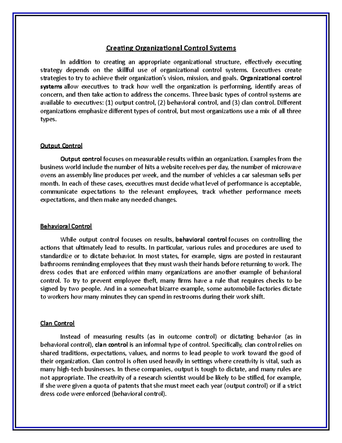 Creating Organizational Control Systems - Executives create strategies ...