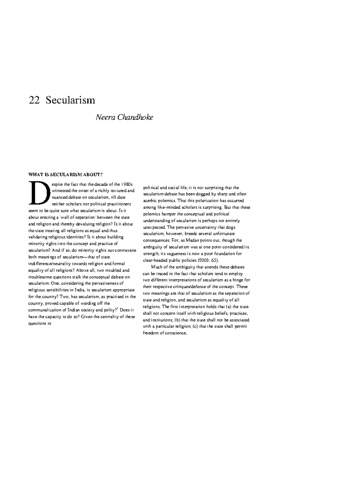 Neera Chandhoke on Secularism - 22 Secularism Neera Chandhoke WHAT IS ...