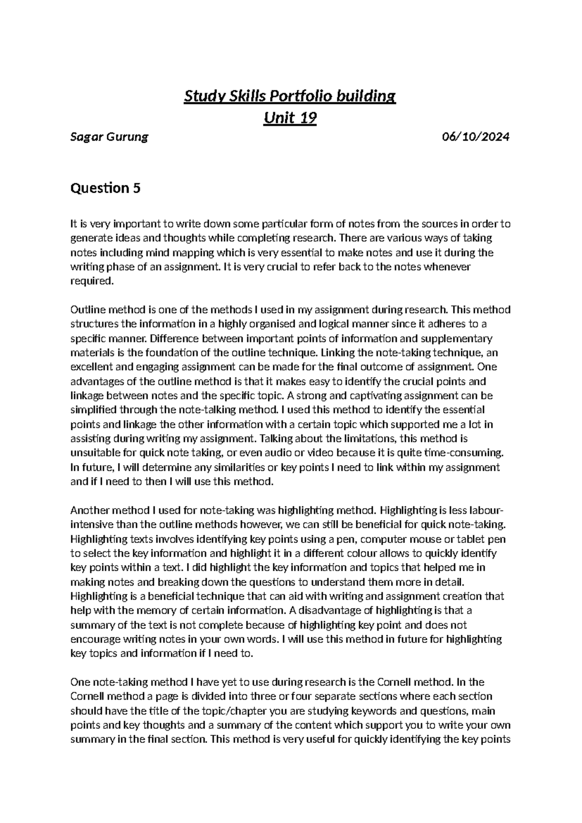Unit 19 Qt 5 - draft - Study Skills Portfolio building Unit 19 Sagar ...