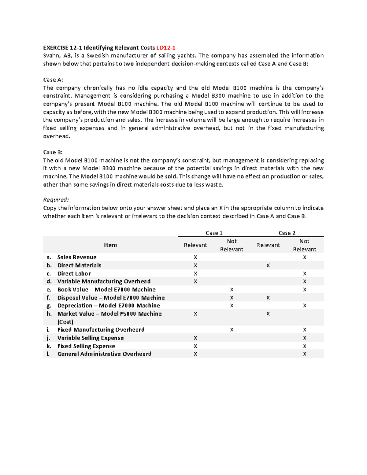 Exercise 12-1 Identifying Relevant Costs - EXERCISE 12-1 Identifying ...
