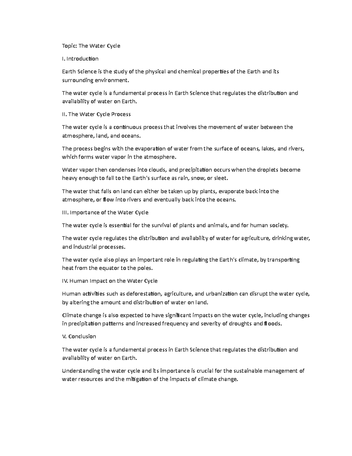 Water Cycle Lecture Notes - Topic: The Water Cycle I. Introduction ...