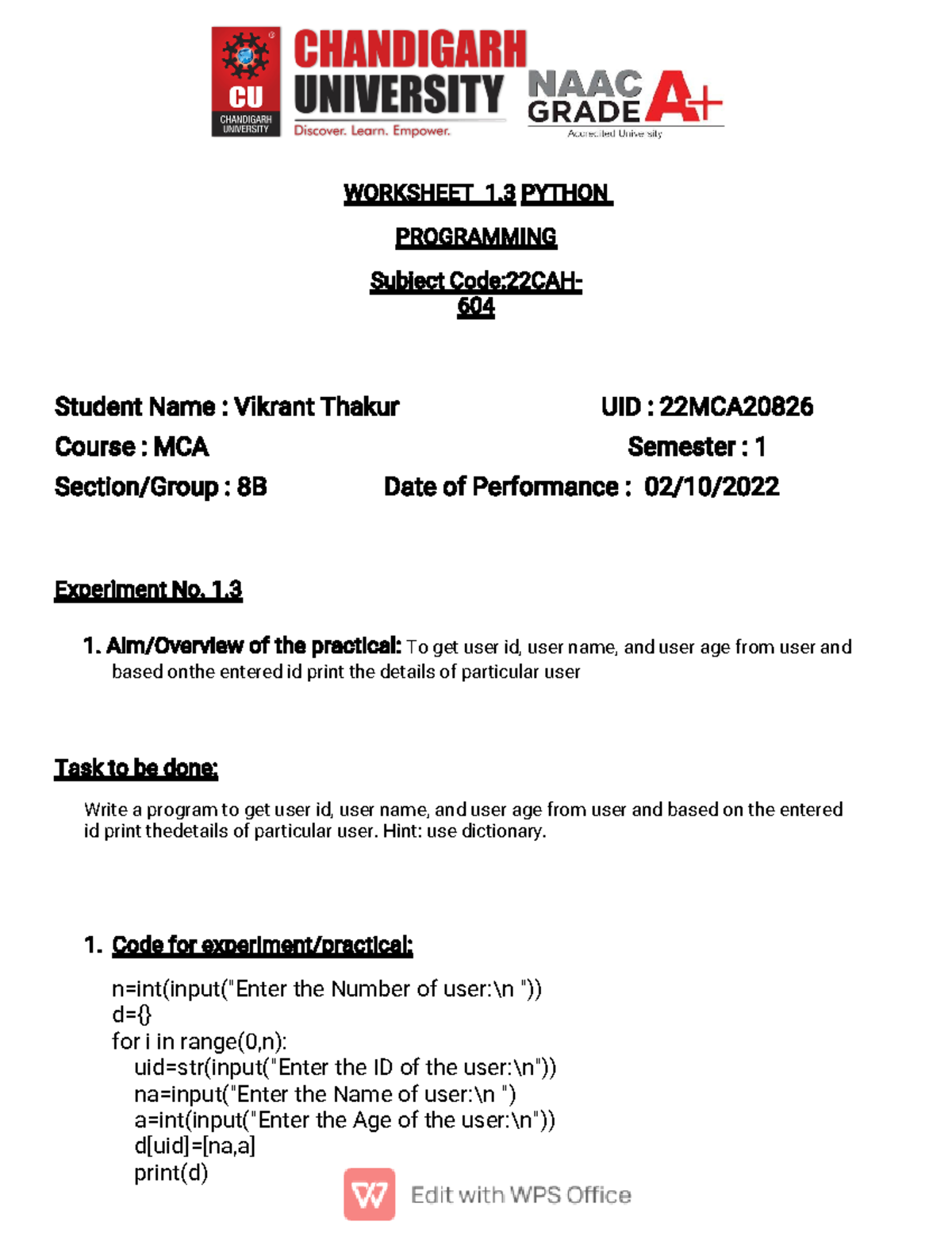 22MCA20826- Vikrant Thakur - WORKSHEET 1. 3 PYTHON PROGRAMMING Subject ...