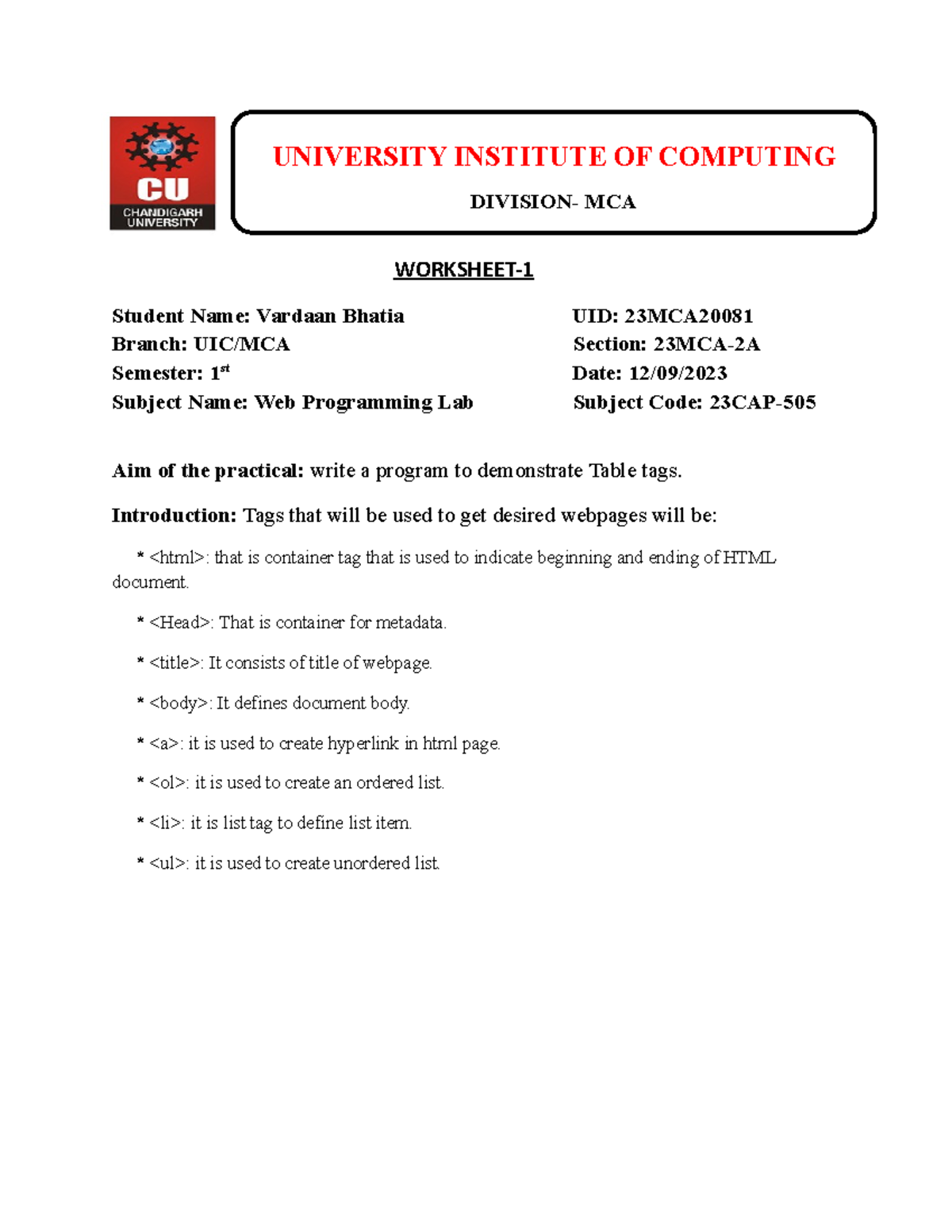Html worksheet 1.2 - WORKSHEET- Student Name: Vardaan Bhatia UID: 23MCA ...