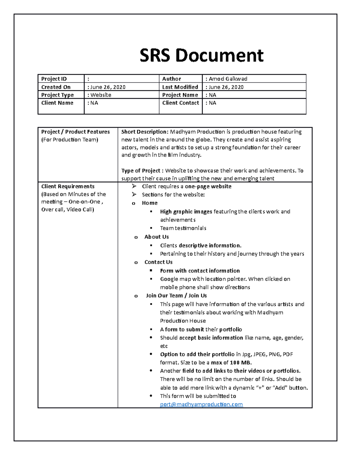 SRS - Madhyam Production V1 - SRS Document Project ID : Author : Amod ...