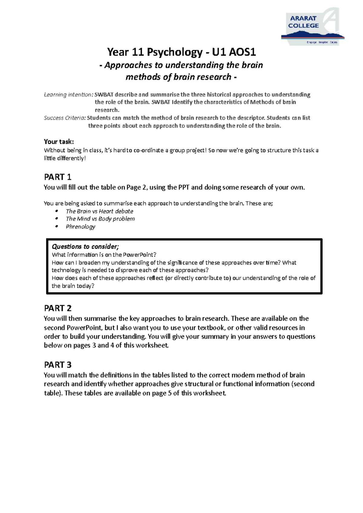 Brain structure and function research worksheet - Year 11 Psychology ...