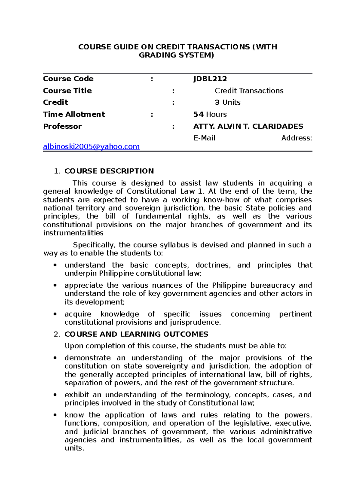 Course syllabus on credit transactions august 2021 - COURSE GUIDE ON ...