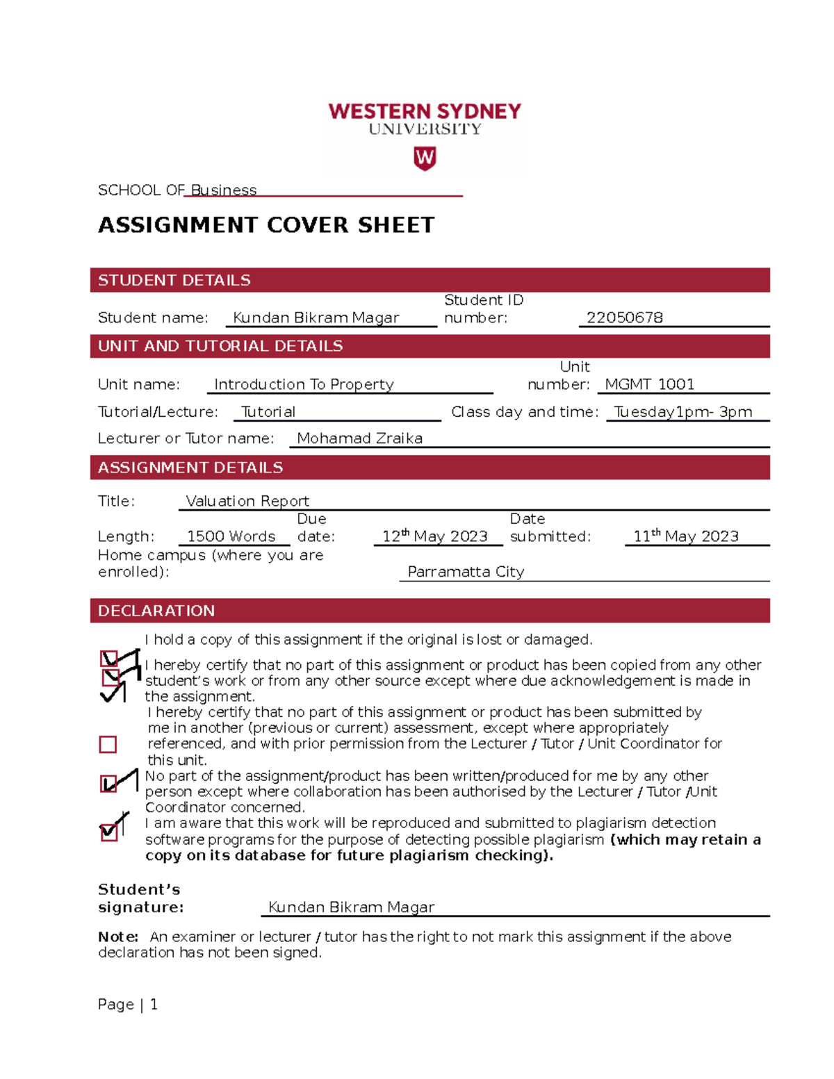 Valuation Report Intro to Prop - SCHOOL OF Business ####### ASSIGNMENT ...