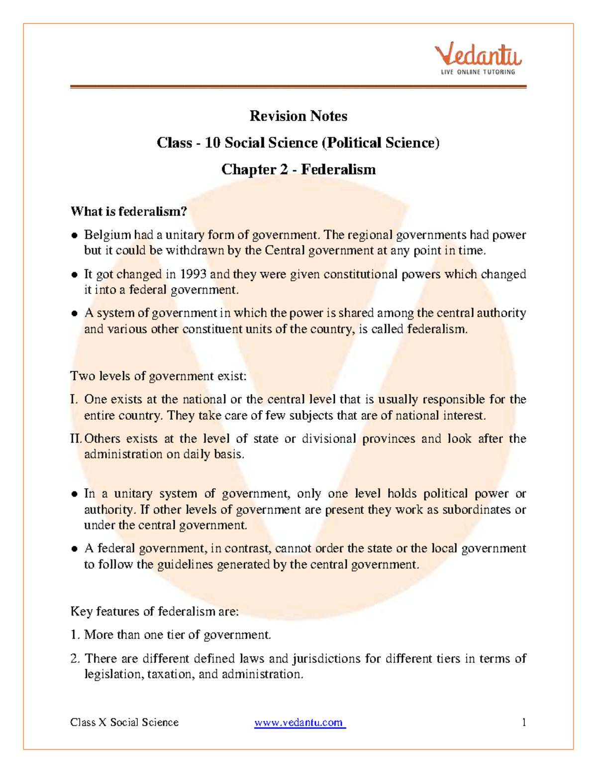 CBSE Class 10 Political Science (Civics) Chapter 2 Notes - Federalism ...