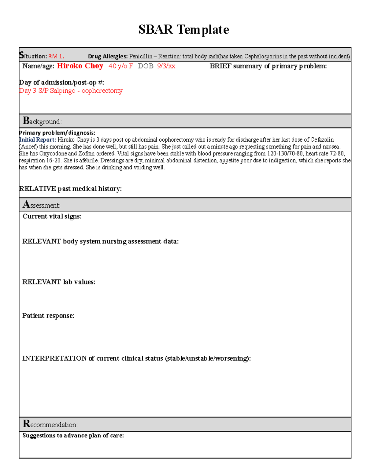 Sbar - template - SBAR Template Situation: RM 1. Drug Allergies ...