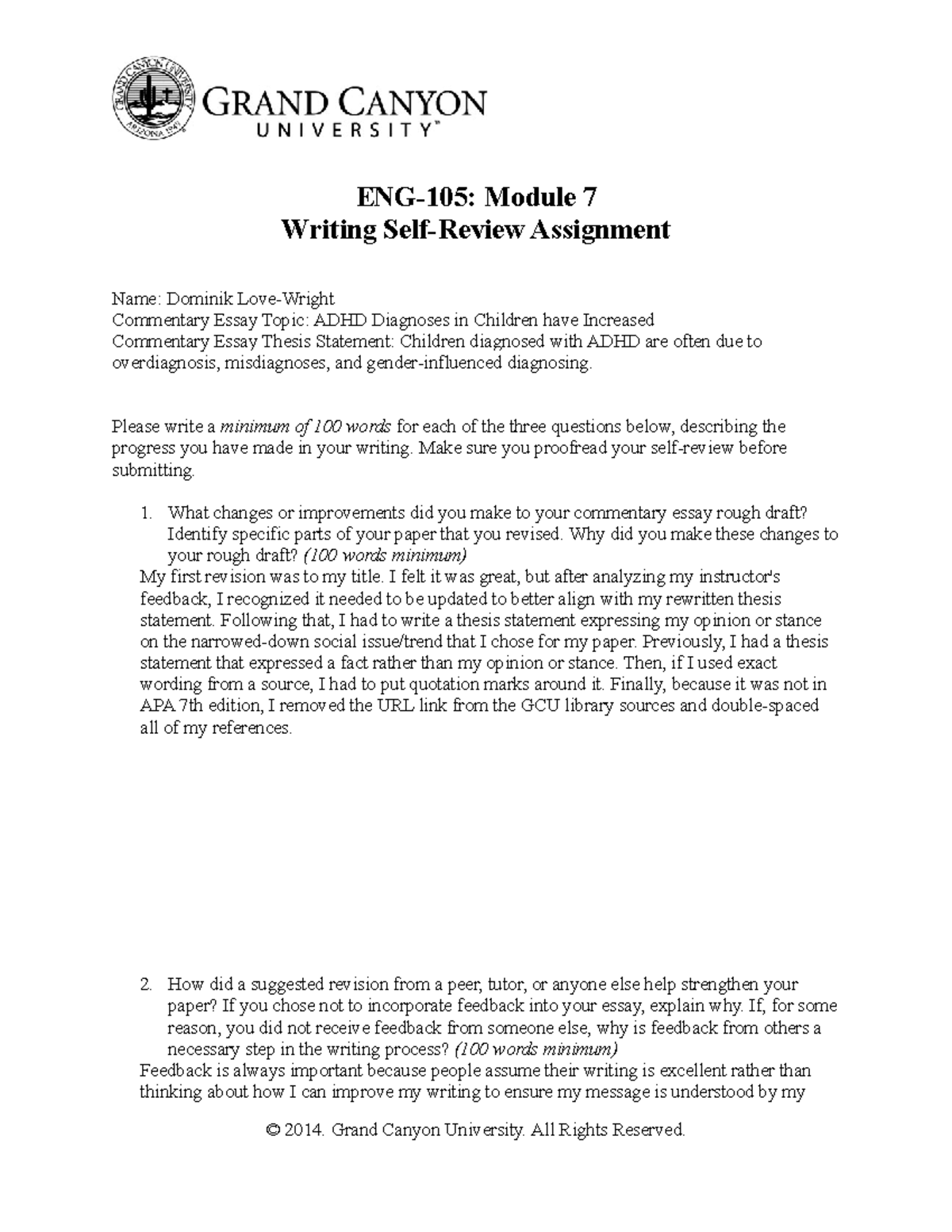 ENG 105 RS Self Review Assignment - ENG-105: Module 7 Writing Self ...