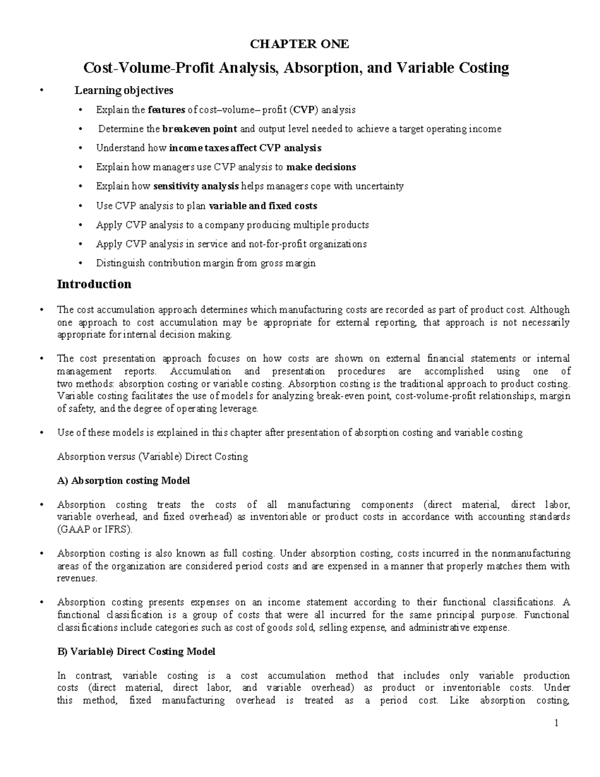 CMA 2Chap 1 CVP Analysis - CHAPTER ONE Cost-Volume-Profit Analysis, Absorption, and Variable ...