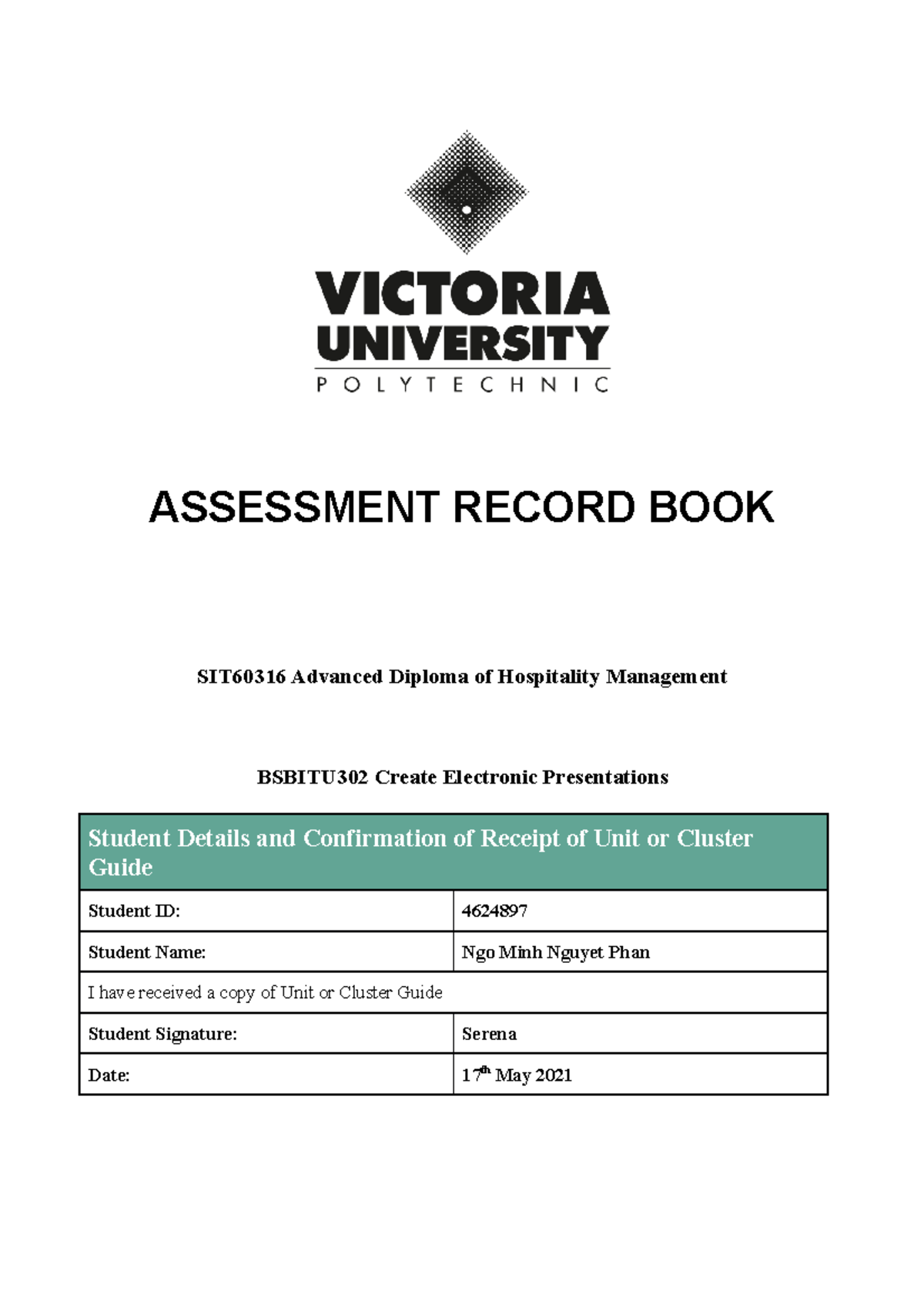 Bsbitu 302 Assessment Record Book - ASSESSMENT RECORD BOOK SIT60316 ...