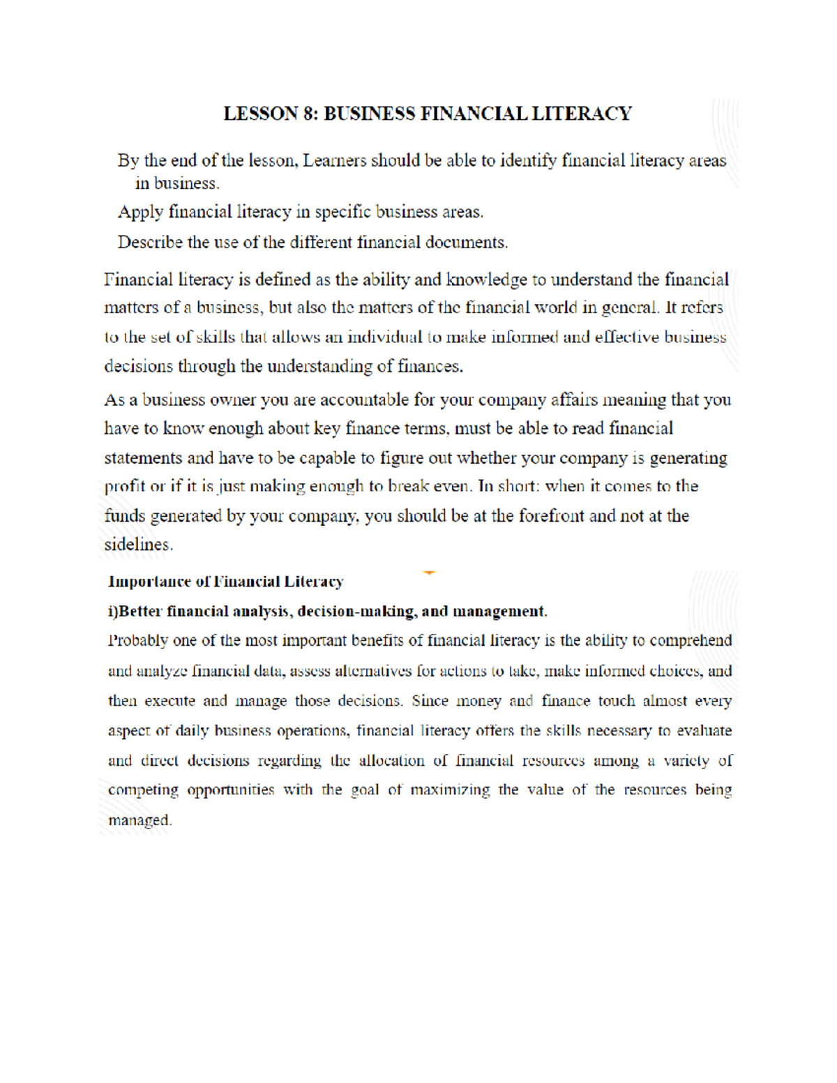 Lesson 8 - Entrepreneurship notes - LESSON 8: BUSINESS FINANCIAL ...