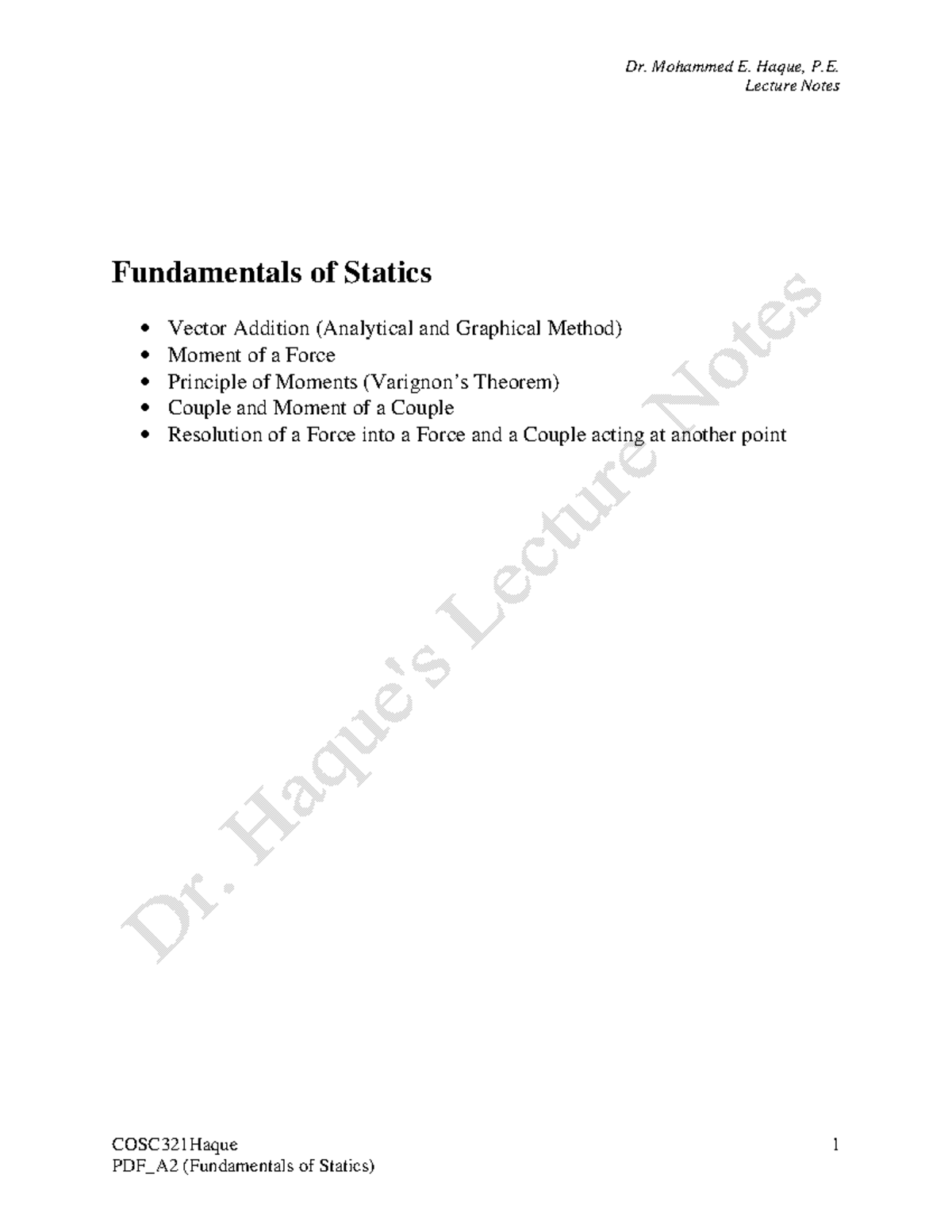 the basics of statics - Lecture Notes COSC321Haque 1 Fundamentals of ...