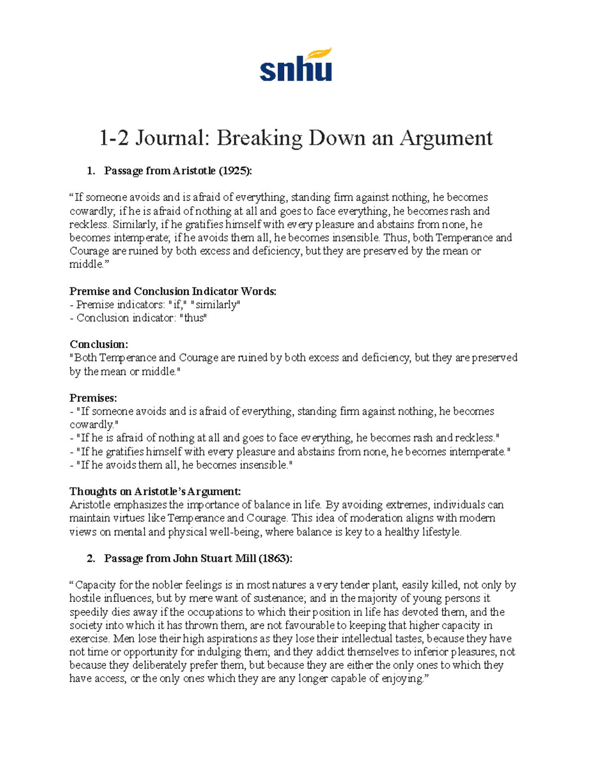 1-2 Journal- Breaking Down an Argument - Passage from Aristotle (1925 ...