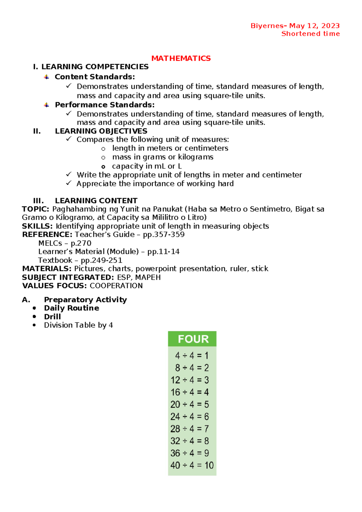 DLP Q4 W2 MATH2 DAY 5 - Biyernes– May 12, 2023 Shortened time MATHEMATICS I. LEARNING ...