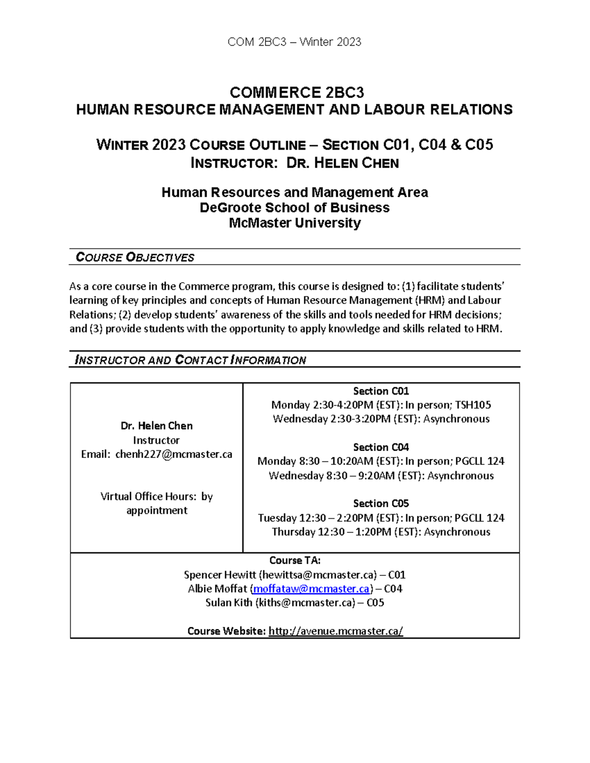2BC3 Syllabus - This is the course outline - COM 2BC3 – Winter 2023 COMMERCE 2BC HUMAN RESOURCE ...