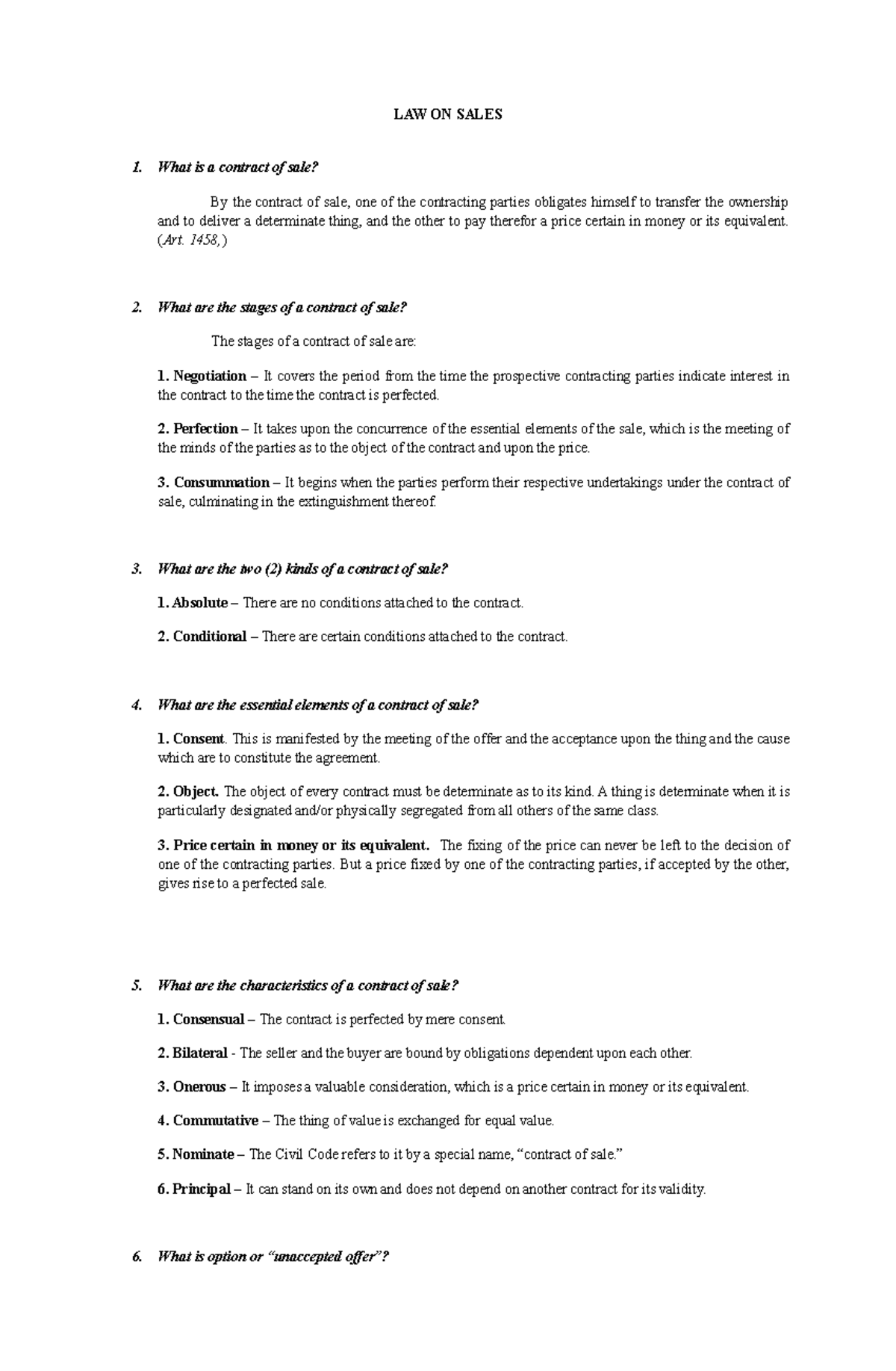 Law on Sales Part 1 - Lecture notes 1 - LAW ON SALES What is a contract ...