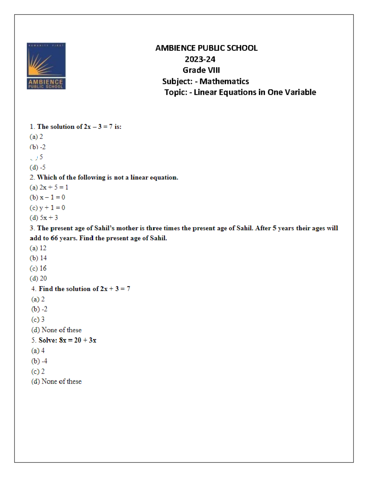 Grade 8- Liner Equations in One Variable 1 - Mathematics: Applications ...