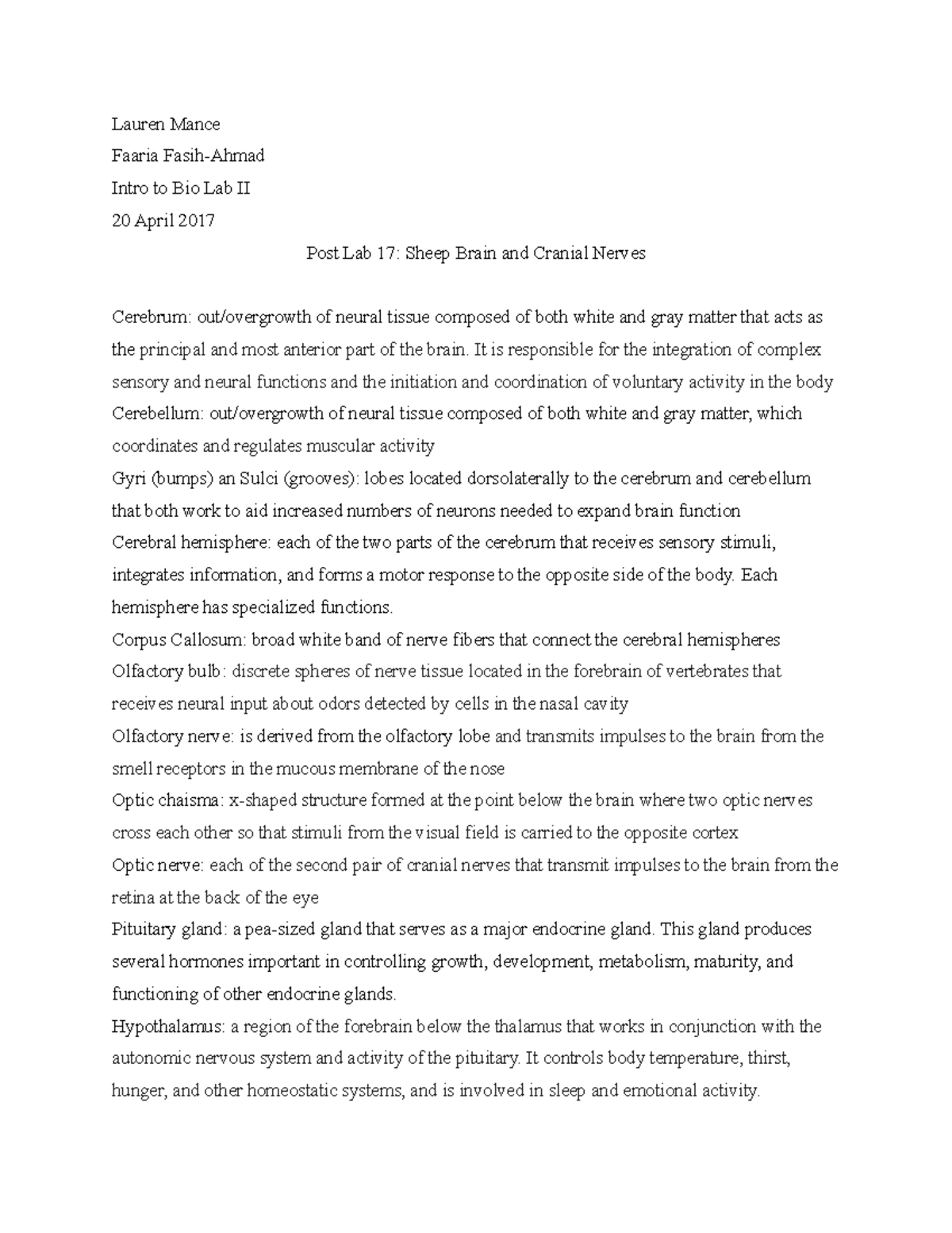 Post Lab 17 - Grade: A+ - Lauren Mance Faaria Fasih-Ahmad Intro to Bio ...