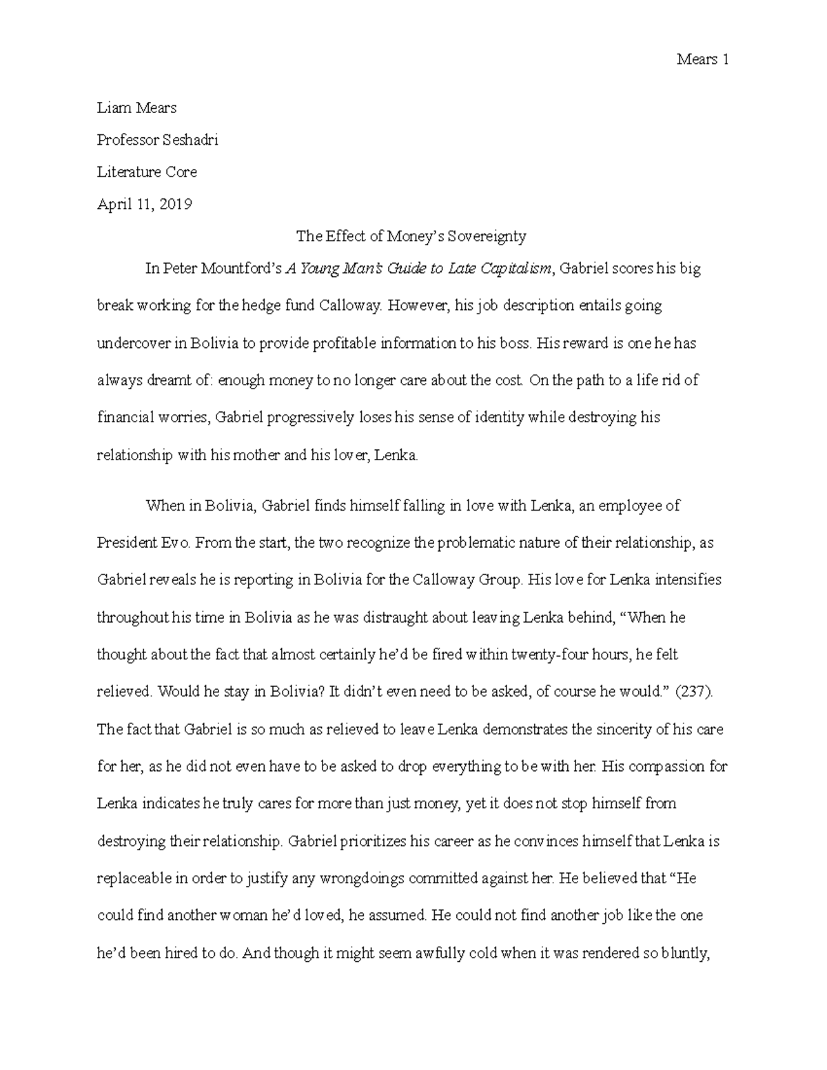 Third Long Essay Draft - Liam Mears Professor Seshadri Literature Core ...
