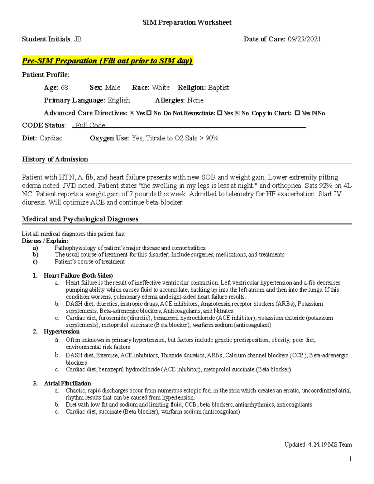Pre-SIM Preparation Worksheet - Student Initials : JB Date of Care: 09 ...