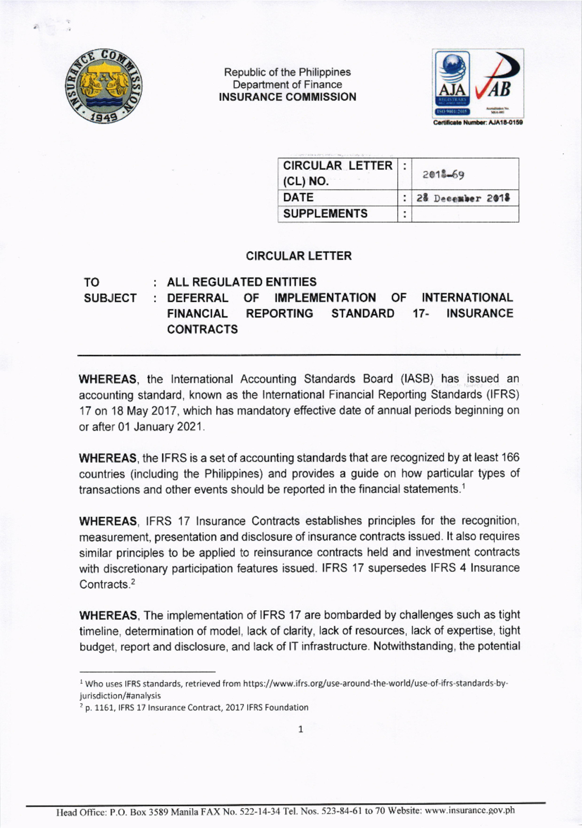CL2018 69 - Republic of the Philippines Department of Finance !NSURANCE ...