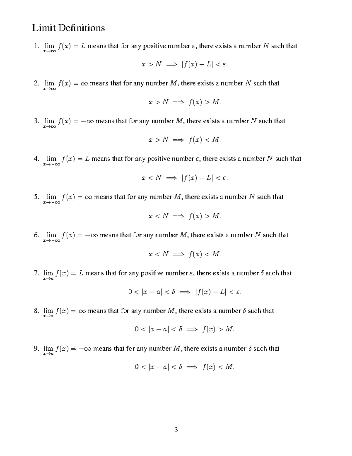 Limit Definitions - Limit Definitions xlim→∞f(x)=Lmeans that for any positive numberε, there ...