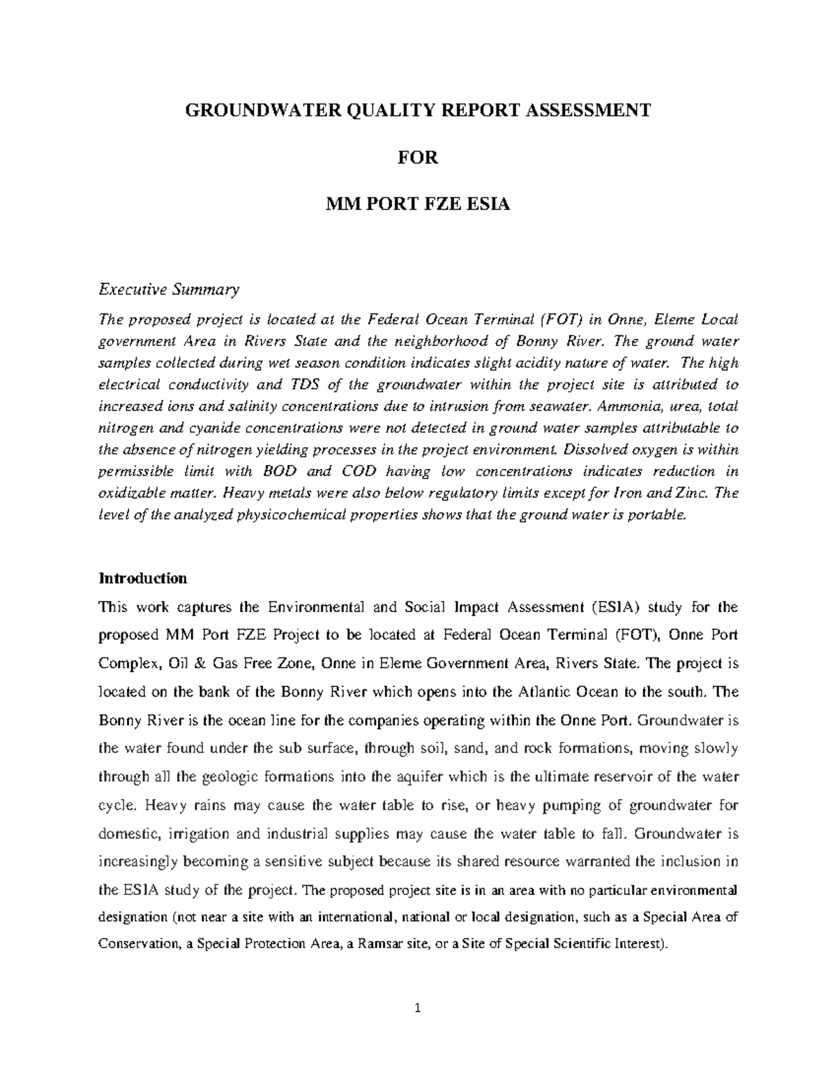 Ground Water Report - GROUNDWATER QUALITY REPORT ASSESSMENT FOR MM PORT ...
