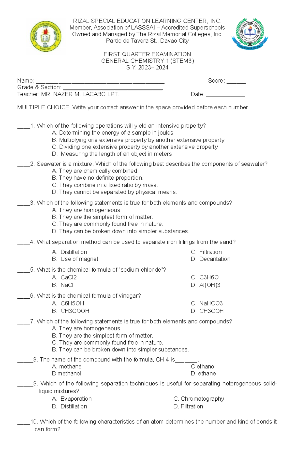 1st Quarter-CHEM - You can use this as your refference - RIZAL SPECIAL ...