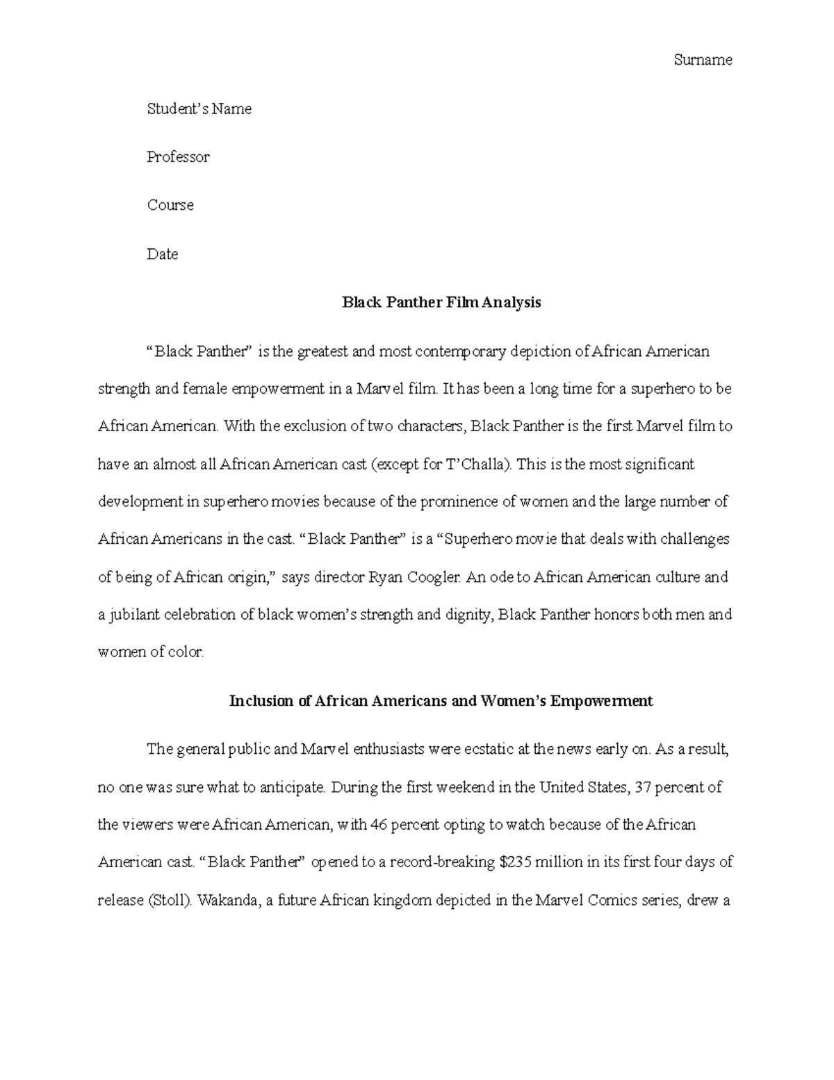 Black Pnther film analysis - Student’s Name Professor Course Date Black ...