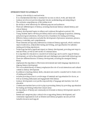 Introduction TO Literacy Notes 1 - INTRODUCTION TO LITERACY Literacy is ...