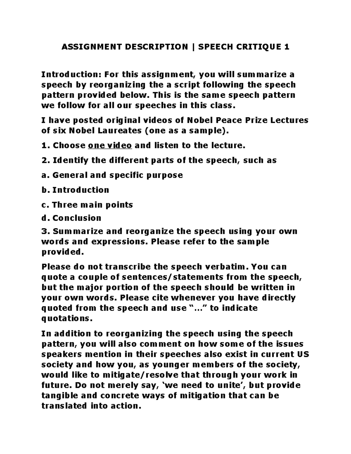 Assignment Description Speech Critique 1 - ASSIGNMENT DESCRIPTION ...
