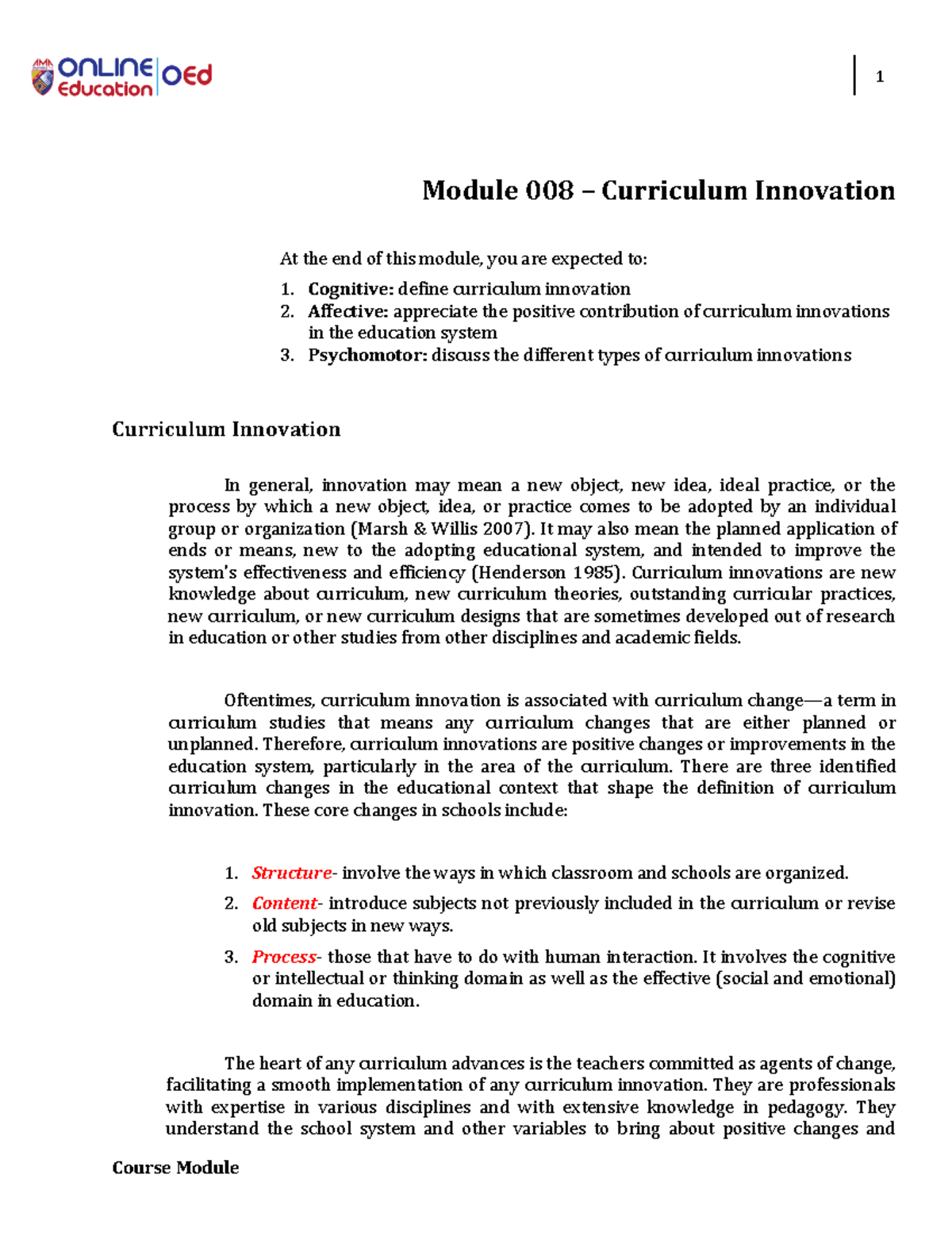 Teaching l8 - read - 1 Course Module Module 00 8 – Curriculum ...