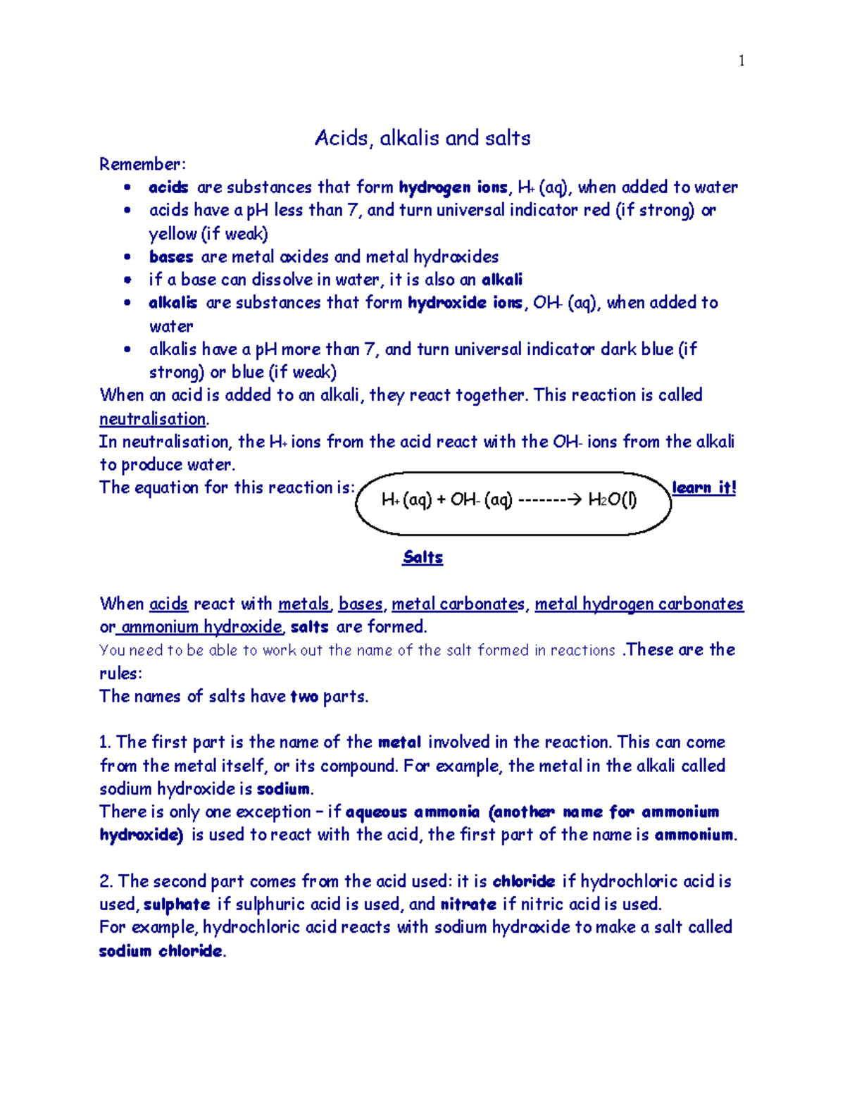 Acids bases and salt worksheet and notes - Acids, alkalis and salts ...