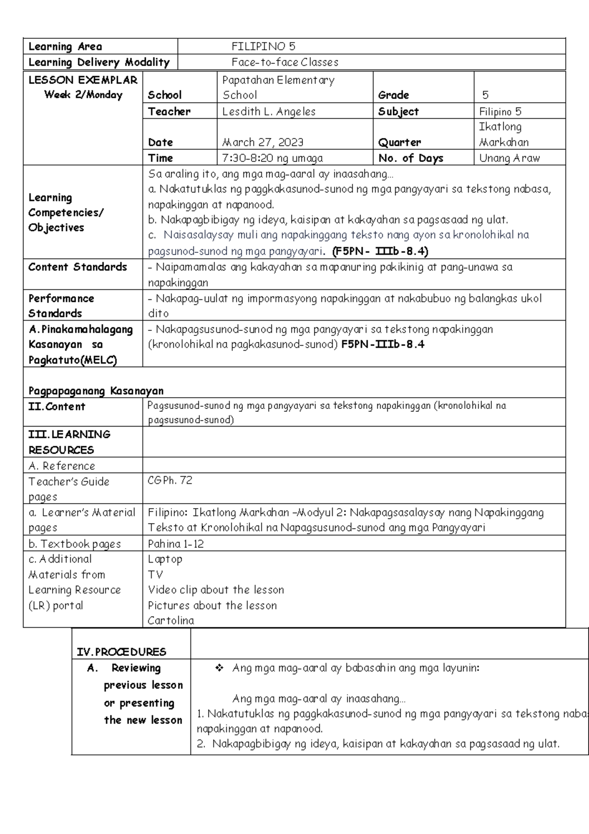 Angeles - none - LESSON EXEMPLAR Week 2/Monday School Papatahan ...