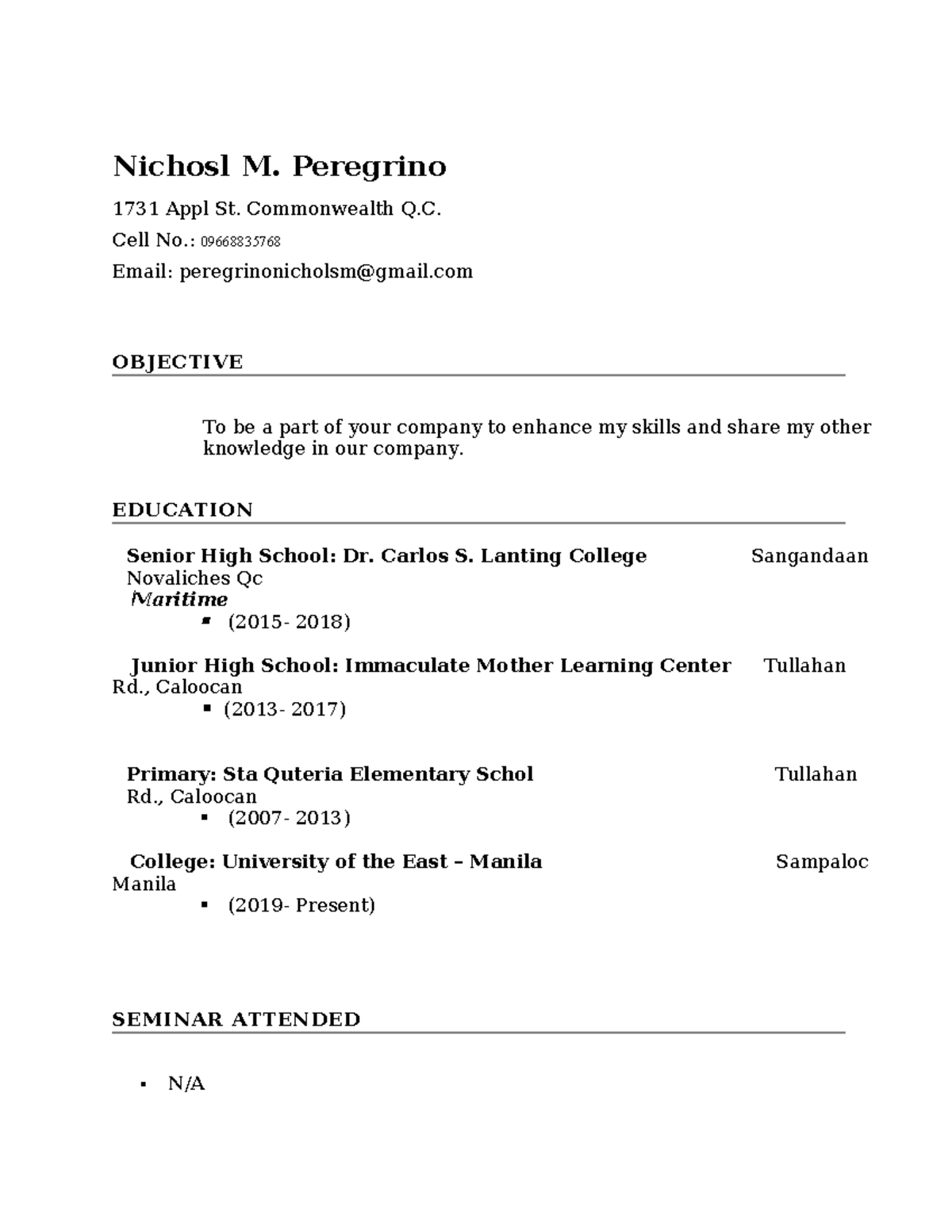 Trinidad Resume-update - Nichosl M. Peregrino 1731 Appl St ...