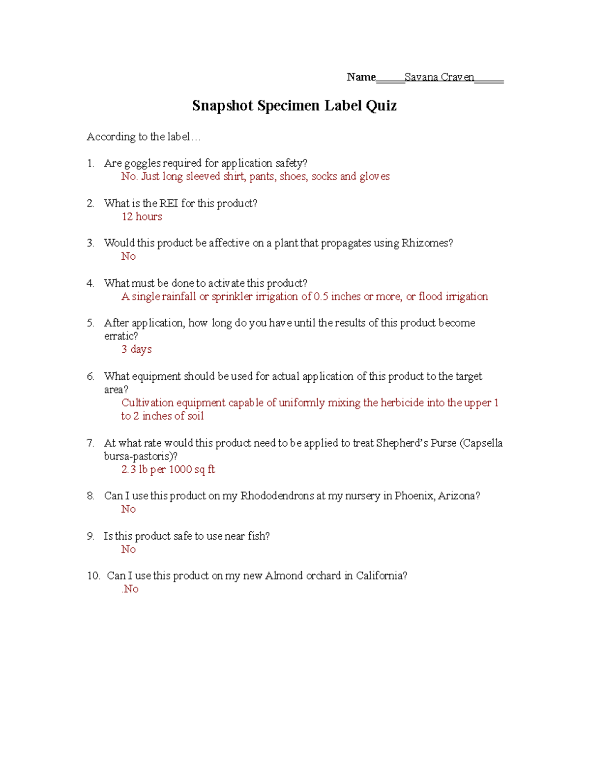 Snapshot Label Question - Name_____Savana Craven_____ Snapshot Specimen ...