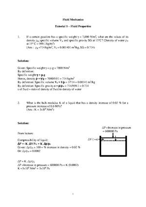 CV1012 Fluid Mechanics Tutorials 1-5 - Tutorial 1 – Fluid Properties If a certain gasoline has a ...